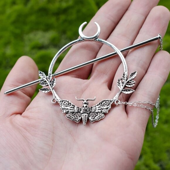 Accessories | Gothic Moth Hair Pin With Crescent Moon And Leaves ...